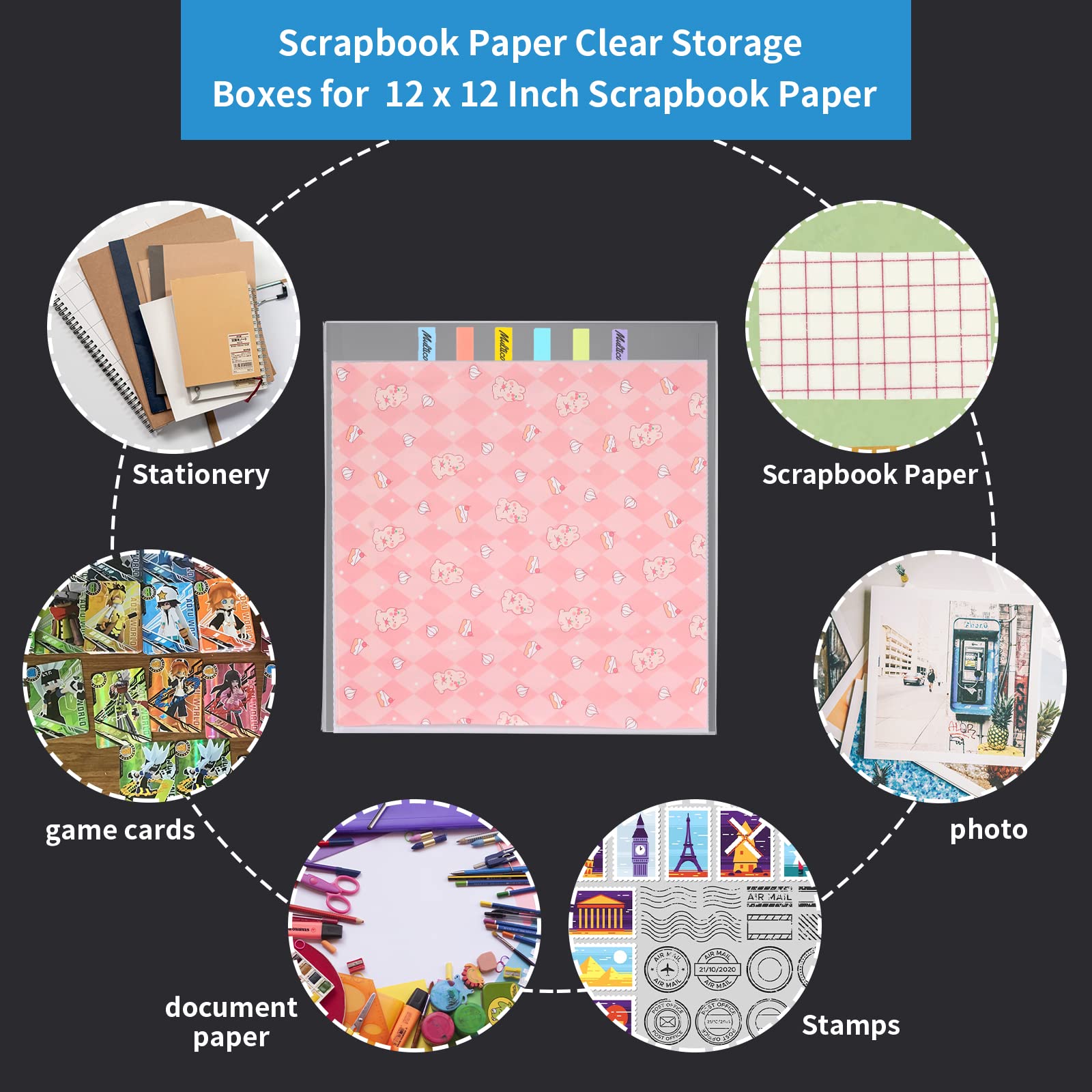 20 Pieces 12 x 12 Inch Scrapbook Paper Storage Boxes Project Case Plastic Magazines Paper Holder Protector Art Project Case for Scrapbook Paper Photo Stickers Stamps