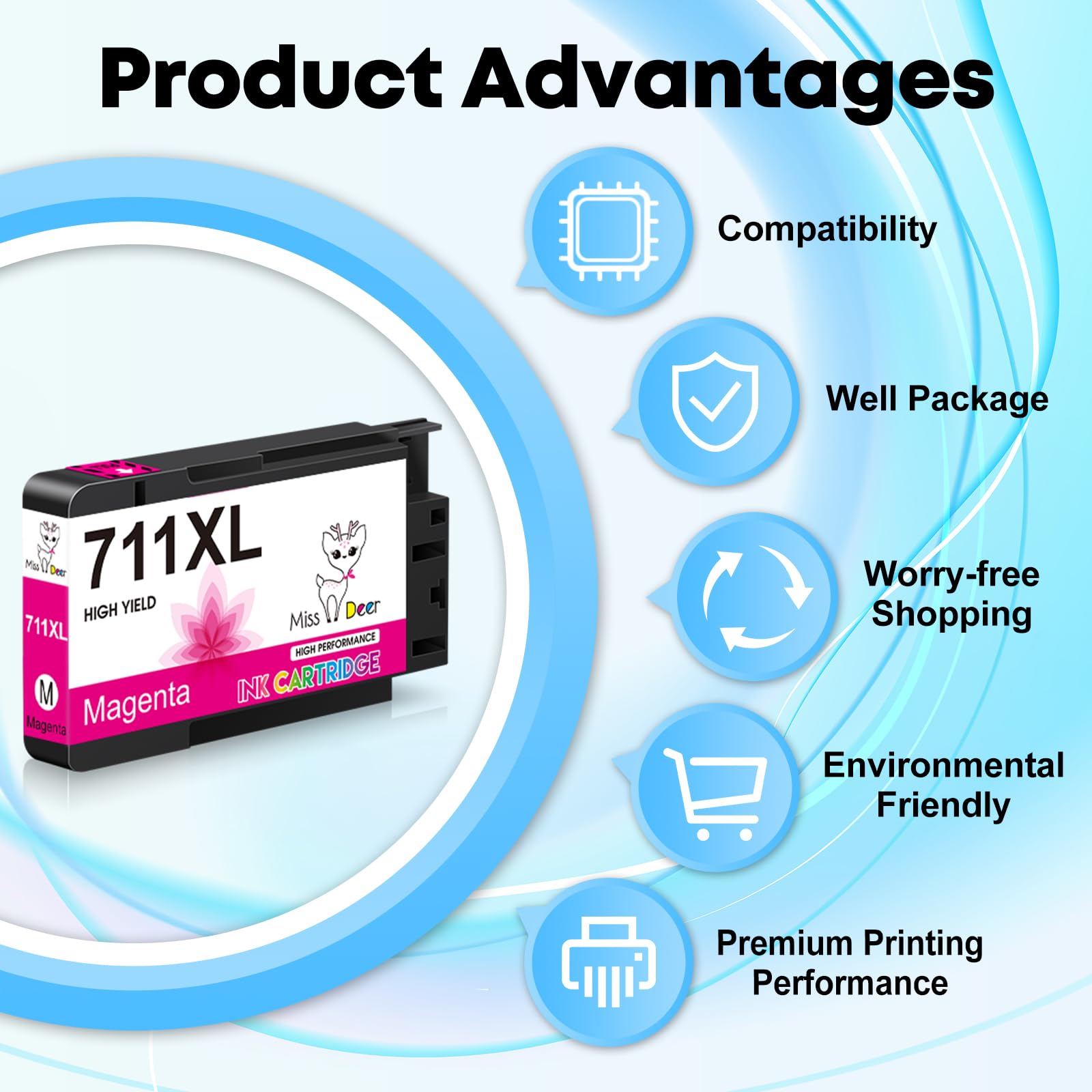 Miss Deer 711XL Designjet Ink Cartridge(CZ133A) Replacement for 711 XL 711XL,Work for DesignJet T120 24-in Printer T520 24-in Printer DesignJet T520 36-in Printer,80-ml (2BK, 1C, 1M, 1Y)