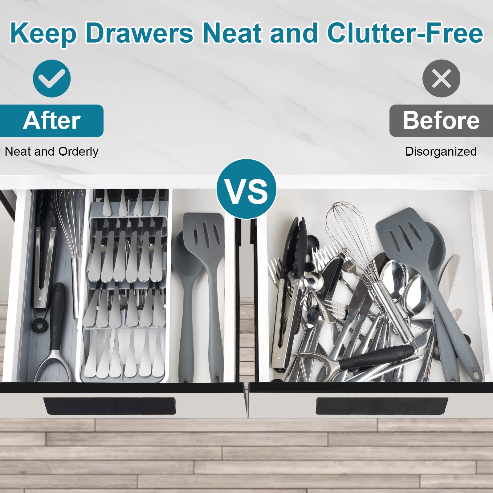 Aionvidas Expandable Silverware Organizer Storage Tray, Compact Cutlery Organizer in Kitchen Drawer, Adjustable and Removable Flatware Organizer for Kitchen Drawer Holding Utensils Spoons Knife Forks