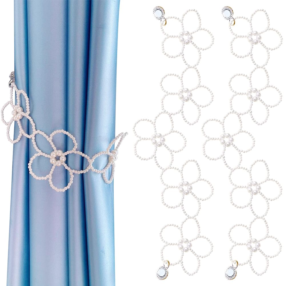 WAYUTO 2 Pack Magnetic Curtain Tiebacks Pearl White Floral Tie Backs for Curtains Drapes Window Flower Curtain Buckle Strap Fancy Cute Creative Elegant for Home Office Bedroom Decorative
