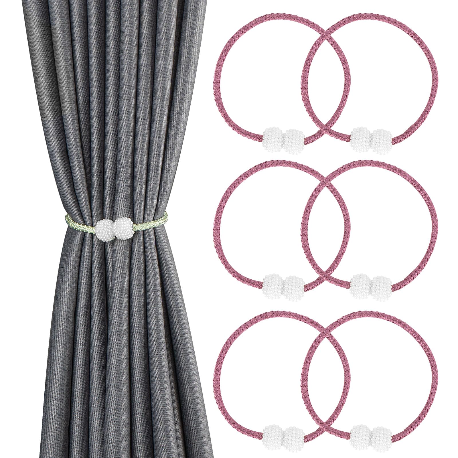 SHIDOW Curtain Tiebacks, Magnetic Curtain Ties, Pearl Curtain Tie, Curtain Tieback Buckle, for Living Rooms, Bedrooms, Kitchens, Restaurants, Bathrooms, Homes, and Offices(6 Pack (Purple)