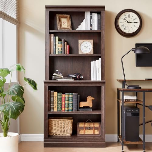 JAHRSTIM Multi-Depth Bookshelves and Bookcase Floor Standing 5 Tier Display Shelves Organizer and Storage, 72in Tall Bookshelf for Home Office, Living Room, Bed Room, Kitchen, Dark Cherry