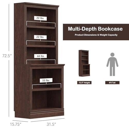 JAHRSTIM Multi-Depth Bookshelves and Bookcase Floor Standing 5 Tier Display Shelves Organizer and Storage, 72in Tall Bookshelf for Home Office, Living Room, Bed Room, Kitchen, Dark Cherry