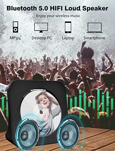 Portable CD Player with Bluetooth: 4000mAh Rechargeable Kpop Music Player with HiFi Speaker,Remote Control,LCD Display,Sleep Timer,Headphone Jack, Supports CD/Bluetooth/FM Radio/U-Disk/AUX(Black)