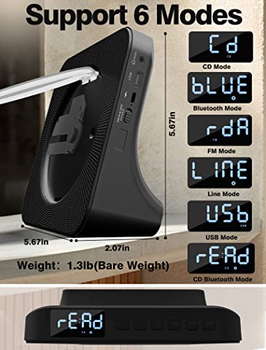 Portable CD Player with Bluetooth: 4000mAh Rechargeable Kpop Music Player with HiFi Speaker,Remote Control,LCD Display,Sleep Timer,Headphone Jack, Supports CD/Bluetooth/FM Radio/U-Disk/AUX(Black)