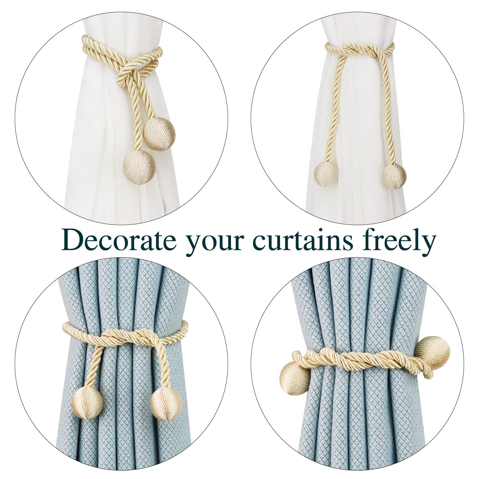 Hangtty 4 Pack Curtain Tiebacks Elegant Decorative Curtain Tie Backs Rope Curtain Holders for Drapes Window Treatment Holdbacks for Drapes or Curtains, Beige