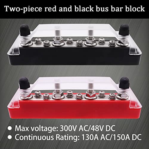 Seamaka (Red+Black) Power Distribution Terminal Block with Cover with 4 x 1/4”(M6) Post,6 x M4 Terminal Screws,Battery Bus Bar with Ring Terminals for Car Boat Marine O-038-10-C-N