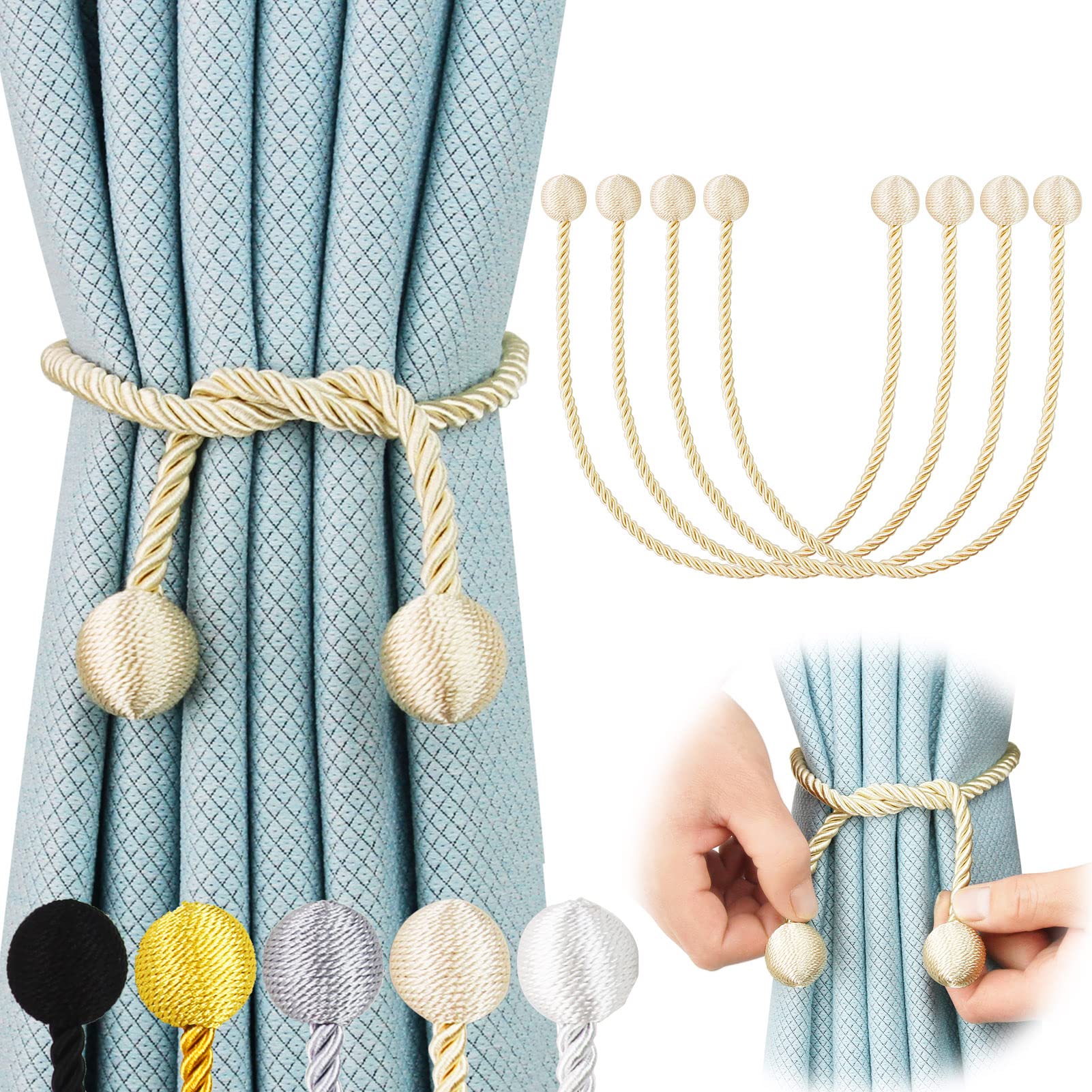 Hangtty 4 Pack Curtain Tiebacks Elegant Decorative Curtain Tie Backs Rope Curtain Holders for Drapes Window Treatment Holdbacks for Drapes or Curtains, Beige