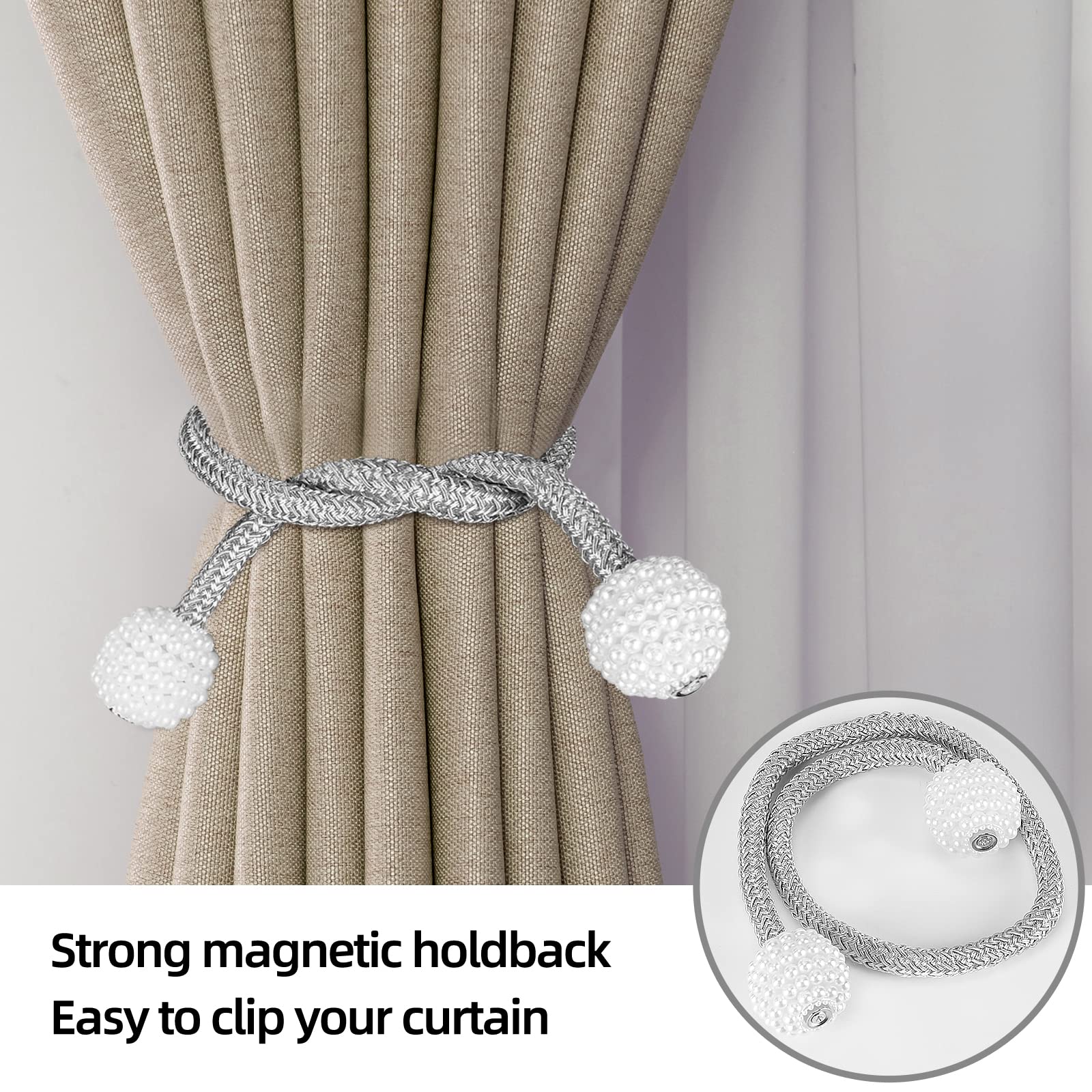 MAJOYLIFE Magnetic Curtain Tiebacks 6 Pack,Curtain Holdbacks Magnetic,Pearl Curtain Tie Backs for Home and Office Decoration(Grey)