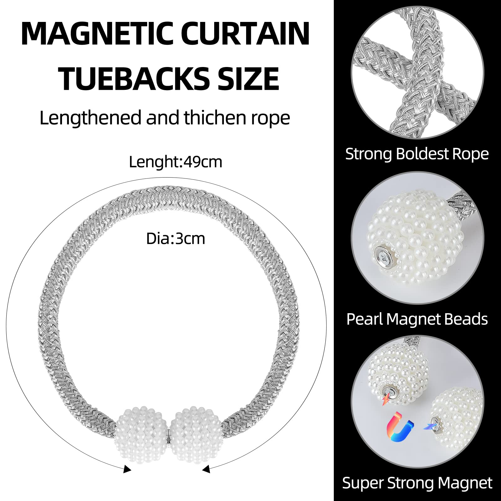 MAJOYLIFE Magnetic Curtain Tiebacks 6 Pack,Curtain Holdbacks Magnetic,Pearl Curtain Tie Backs for Home and Office Decoration(Grey)