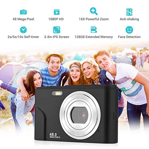 Digital Camera for Kids, Camnoon 48MP Children Camera 2.4-inch IPS Screen Full HD 1080P 16x Zoom 2PCS Rechargeable Batteries Autofocus Vlogging Mini Camera for Boys Girls Teens Students Beginners