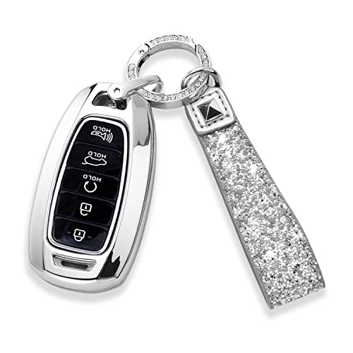 Royalfox(TM) 3 4 5 buttons 3d bling diamond fashion crystals smart remote Key Fob case Cover For Hyundai i30 Azera ix35 Elantra Accent Santa Fe IG Grandeur,2017-2022 Hyundai Palisade keychain (silver)