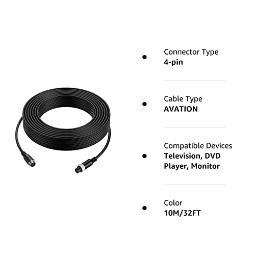 EKYLIN 32FT 10M Car Video 4-Pin Aviation Extension Cable for CCTV Rearview Camera Truck Trailer Camper Bus Vehicle Backup Monitor System Waterproof Shockproof