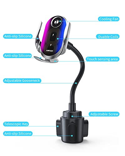 ANPULES Wireless Car Charger, Cooling Fan Wireless Charger Cup Holder for Tesla, Auto Clamping Car Charger Mount for iPhone14/ 13/12 Pro Max/11/10/8, Samsung Galaxy S/Note/FILP Series