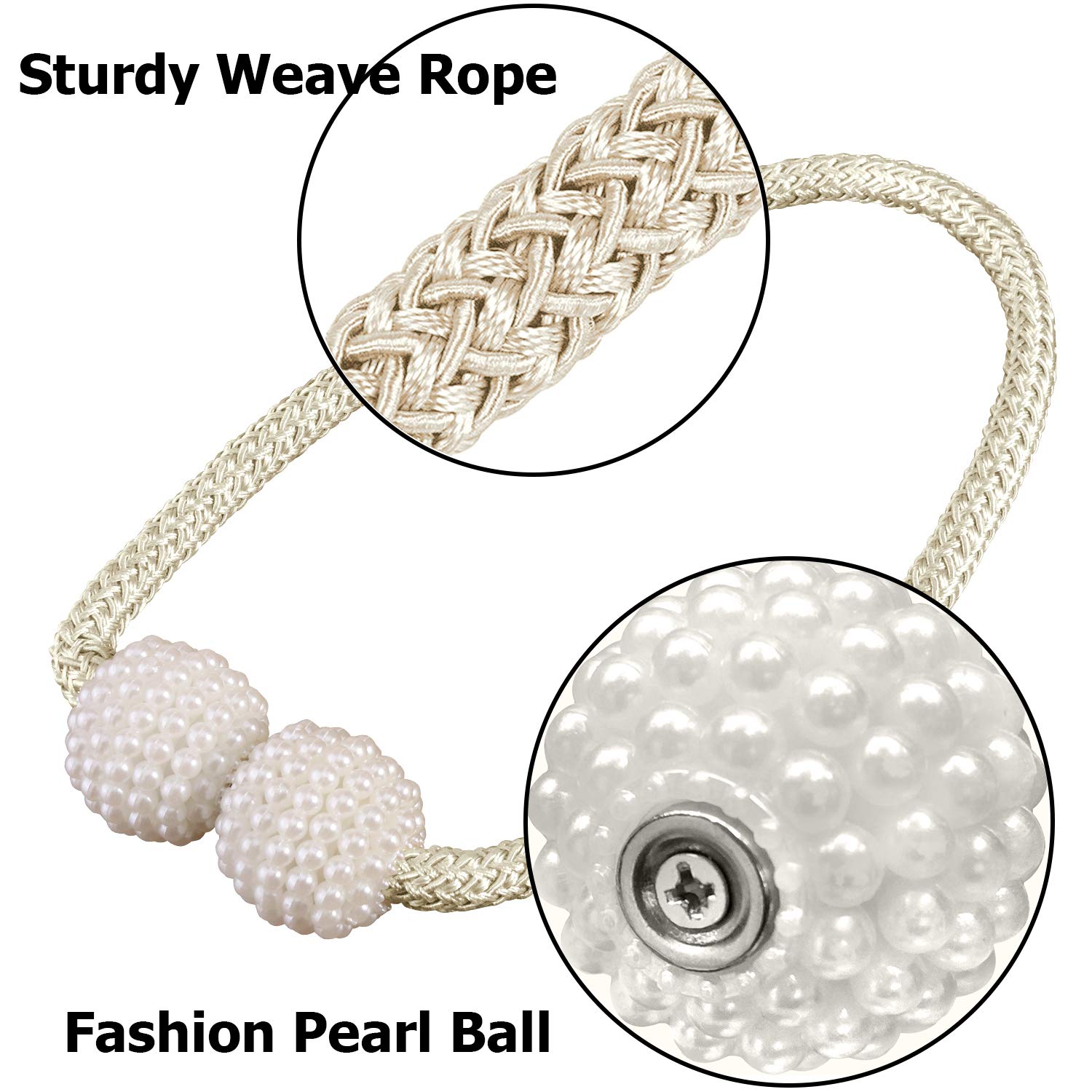 8 Pack Curtain Tiebacks, Drape Tie Backs Decorative Curtain Holdbacks Holder Magnetic Curtain Tiebacks for Window Draperies, No Tools Required- Square and Pearl Shape (Beige)