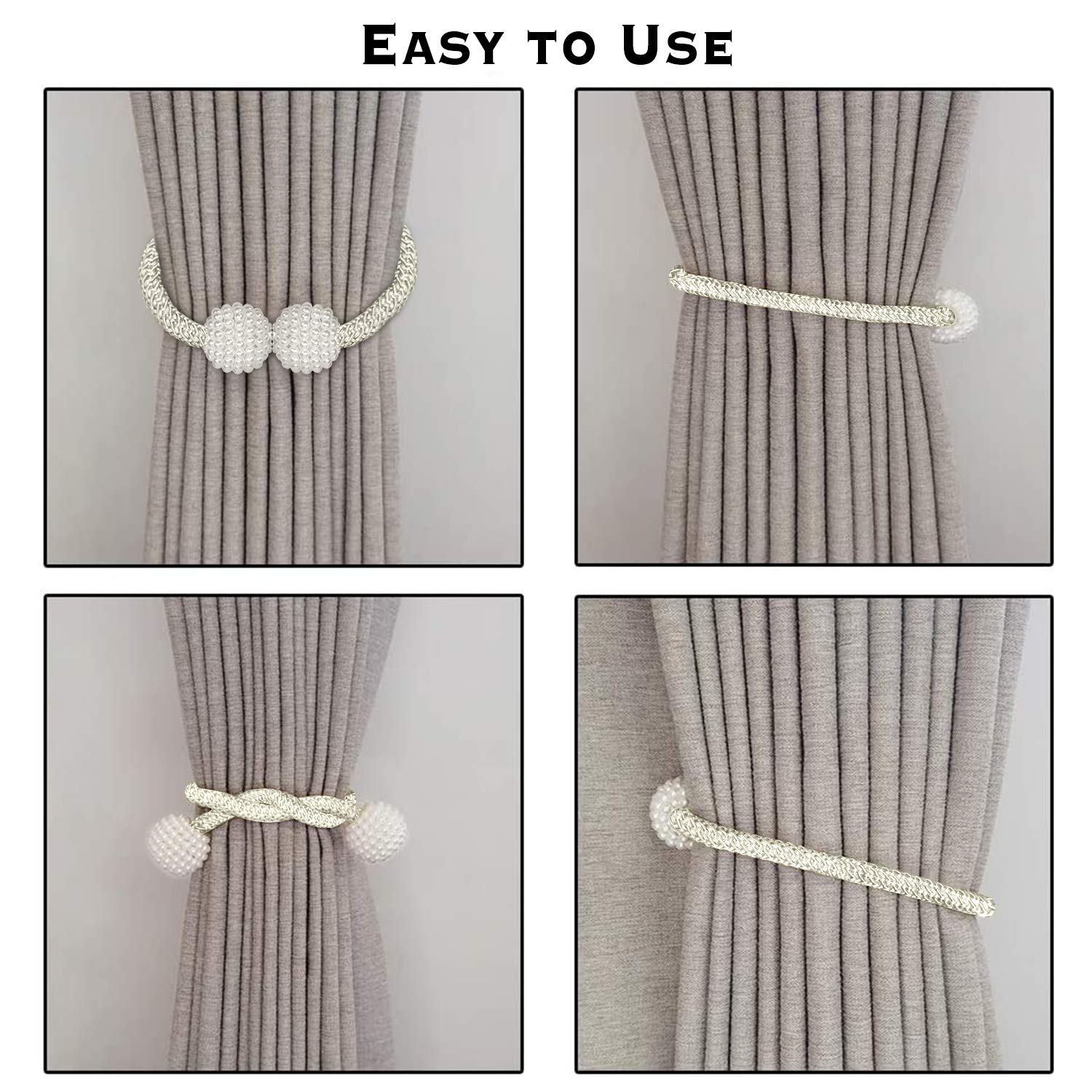 8 Pack Curtain Tiebacks, Drape Tie Backs Decorative Curtain Holdbacks Holder Magnetic Curtain Tiebacks for Window Draperies, No Tools Required- Square and Pearl Shape (Beige)