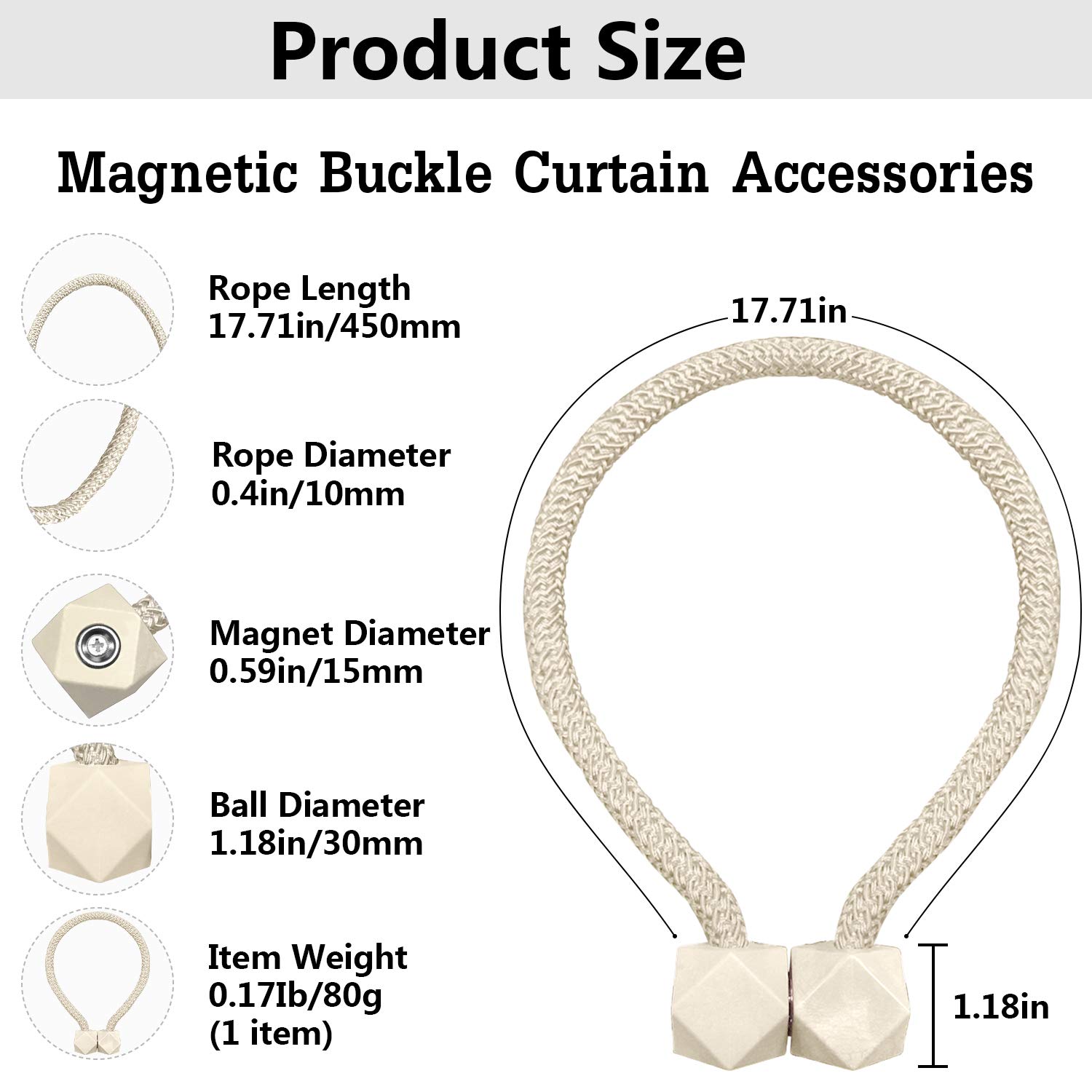 8 Pack Curtain Tiebacks, Drape Tie Backs Decorative Curtain Holdbacks Holder Magnetic Curtain Tiebacks for Window Draperies, No Tools Required- Square and Pearl Shape (Beige)