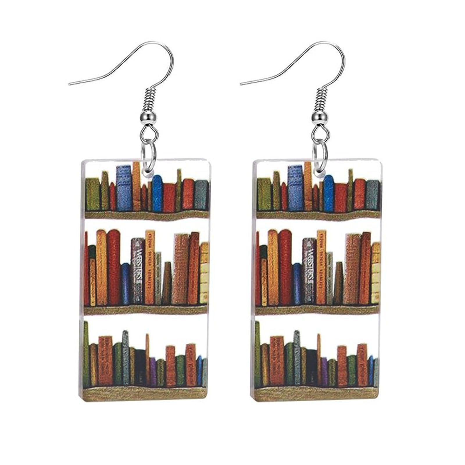 Book Earrings for Women Bookcase Dangle Earrings Unique Book Shelves Patterned Acrylic Dangle Earrings for Book Lovers Gift Teacher's Day Appreciation Jewelry Gifts (Square)