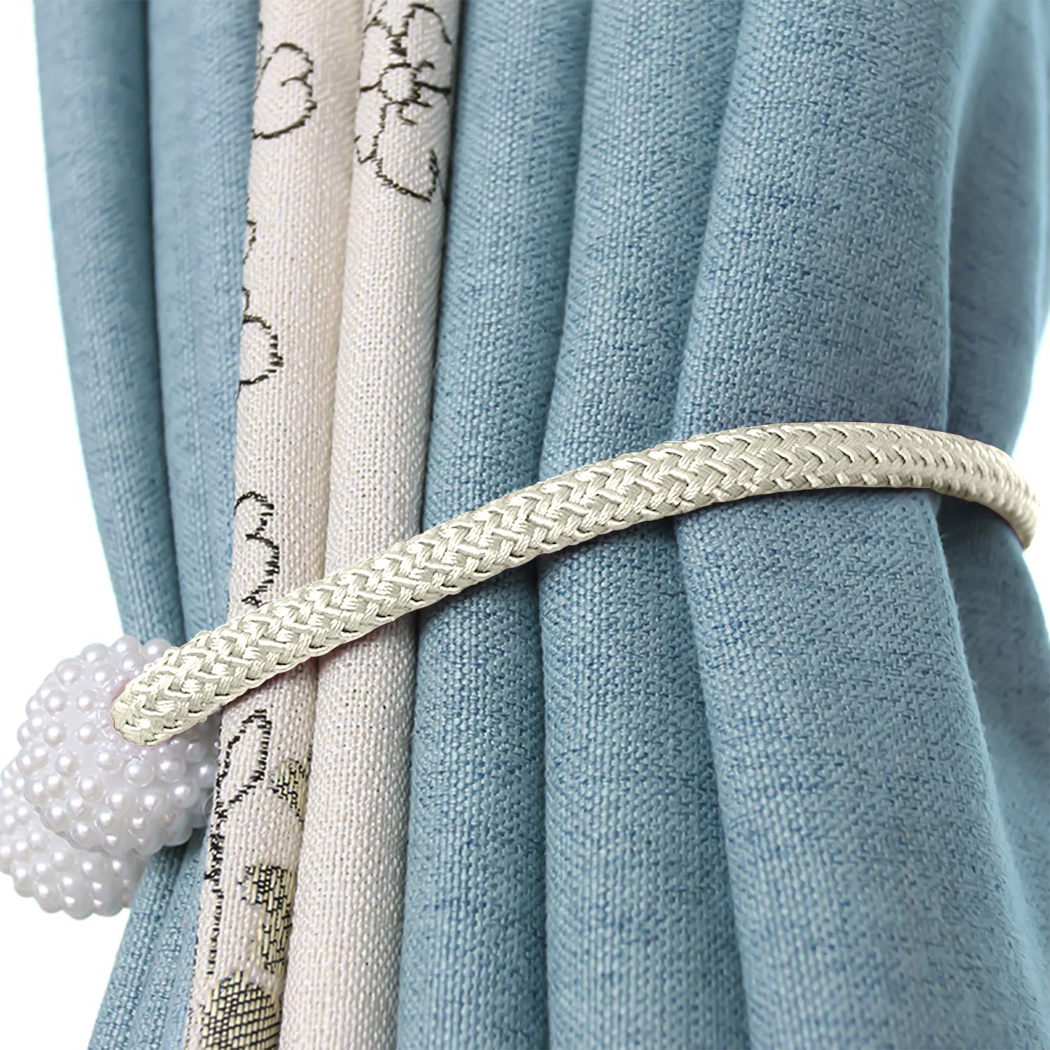 8 Pack Curtain Tiebacks, Drape Tie Backs Decorative Curtain Holdbacks Holder Magnetic Curtain Tiebacks for Window Draperies, No Tools Required- Square and Pearl Shape (Beige)