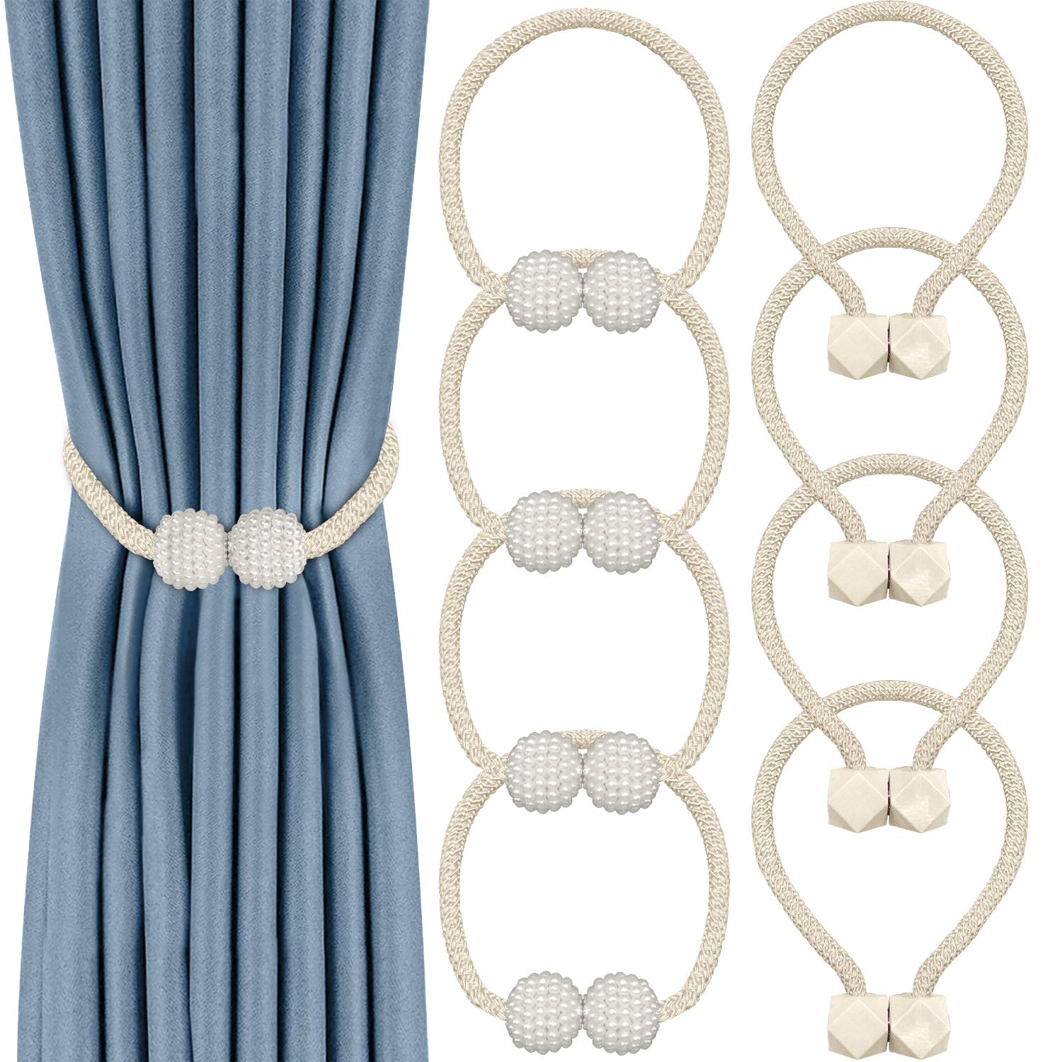 8 Pack Curtain Tiebacks, Drape Tie Backs Decorative Curtain Holdbacks Holder Magnetic Curtain Tiebacks for Window Draperies, No Tools Required- Square and Pearl Shape (Beige)