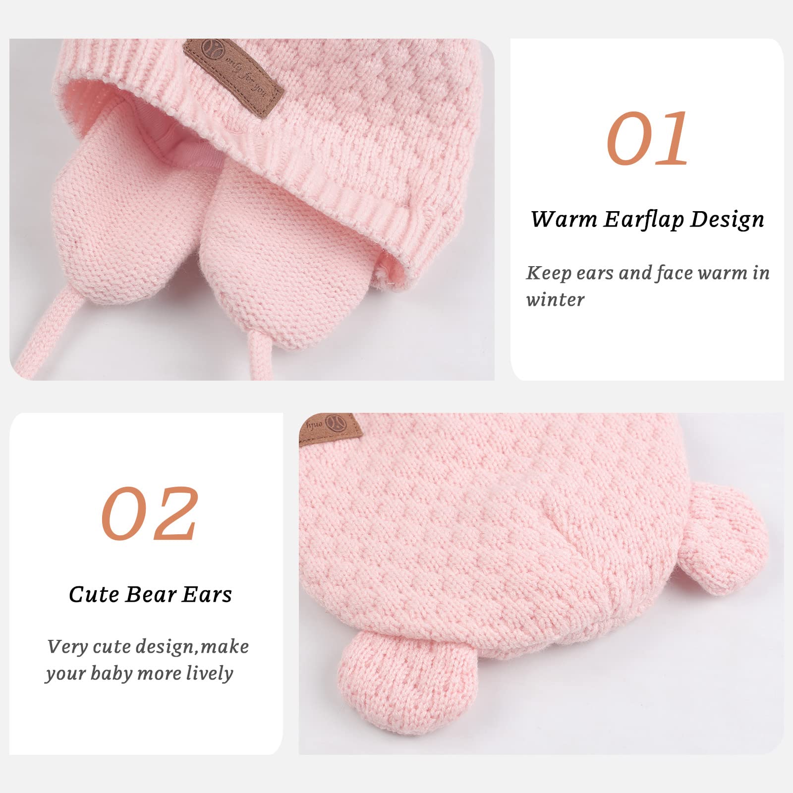 Winter Baby Girl Knitted Hat Autumn Earflap Beanie Warm Pompom Infant Toddler Boys Hats (Bear(Pink+White), M)