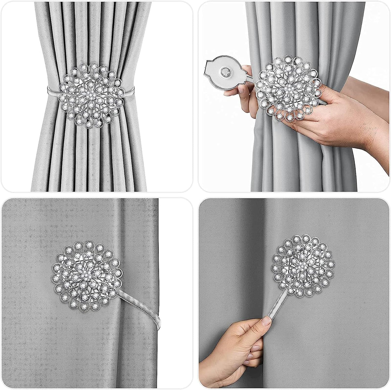 Magnetic Curtain Tiebacks, Flower Curtain Clips Buckle, Creative Diamond Curtain Bind 2 pcs, Suitable for Living Rooms, Bedrooms, Dining Rooms, Outdoors, Balconies, Offices