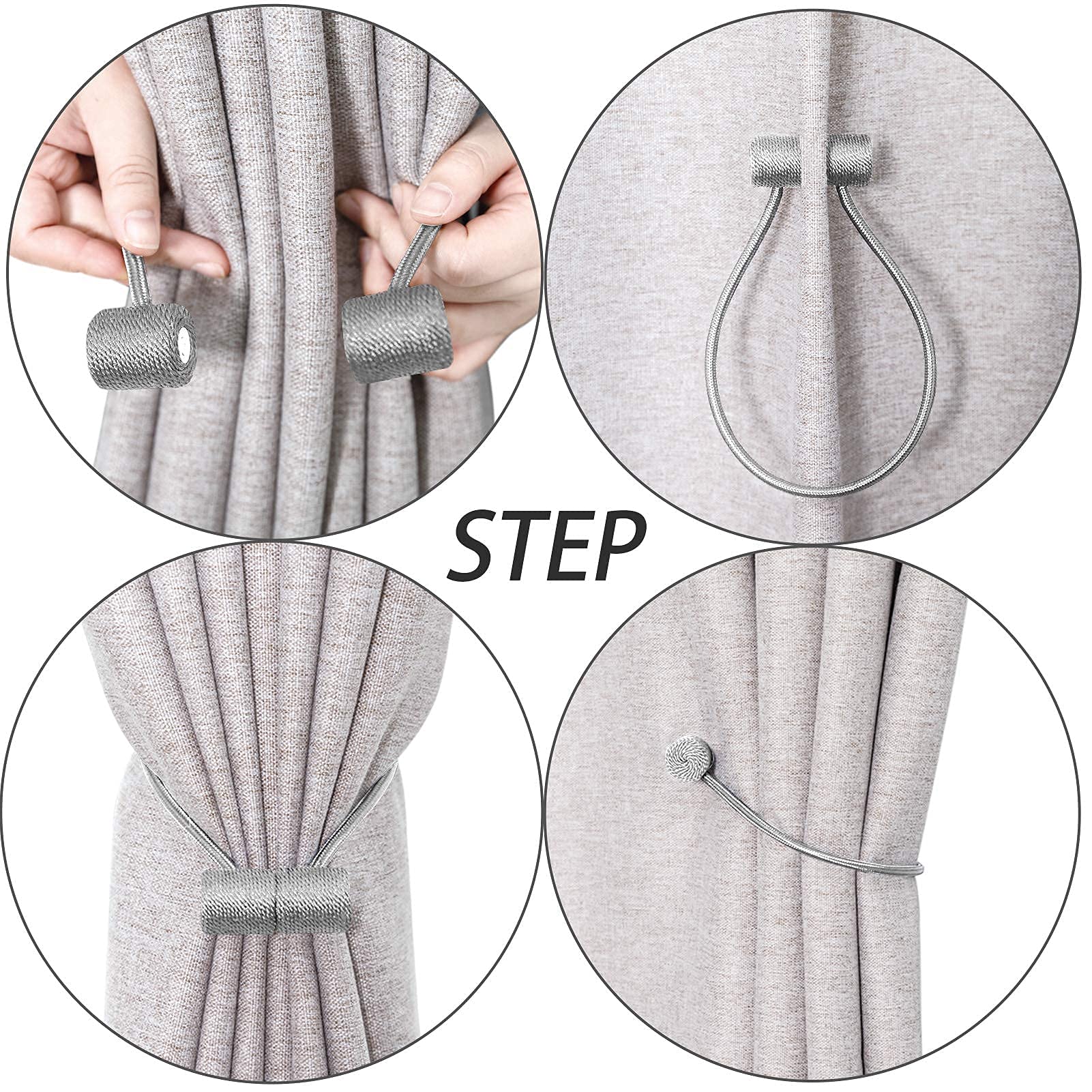 XDerlin 2 Pack Window Curtain Holdbacks Magnetic Curtain Tiebacks, Upgraded 16 Inch Home Office Decorative Twist Tie Backs for Blackout Sheer Window Treatment, Grey