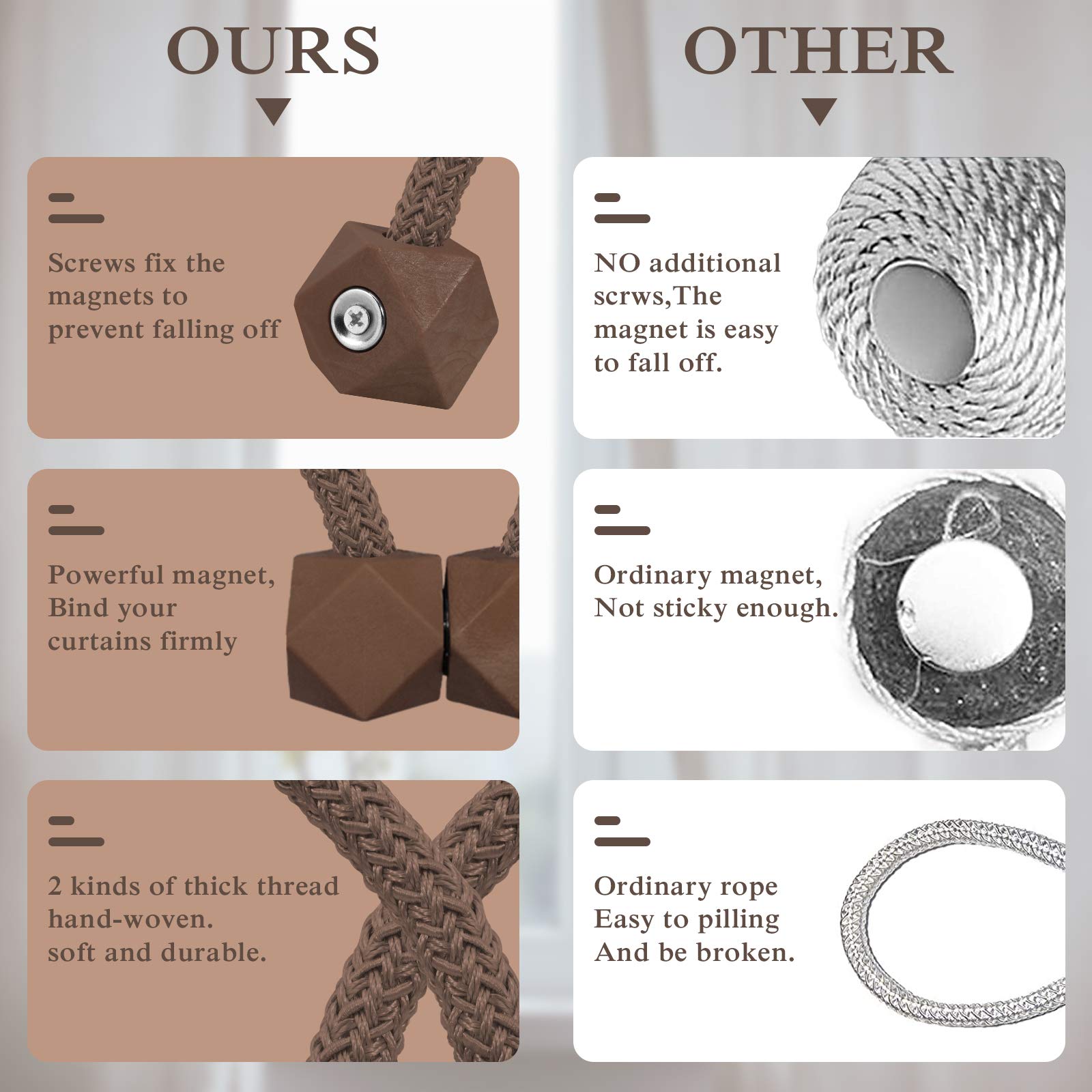 Buyshop 8 PCS Magnetic Curtain Tiebacks, European Style Convenient Drape Tie Backs, Decorative Drape Tie Backs Holdback Holder for Window Draperies，No Tools Required