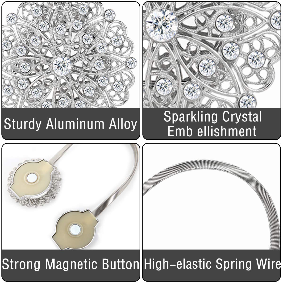 MoKo Crystal Flower Magnetic Curtain Tiebacks, 2 Pack Window Curtain Decorative No Drilling Drapery Holdbacks Flower Curtain Buckle with High-Elastic Spring Wire for Home Office Decor - Silver