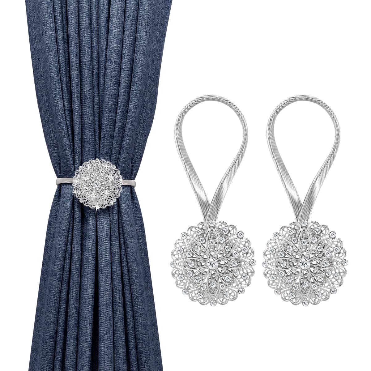 MoKo Crystal Flower Magnetic Curtain Tiebacks, 2 Pack Window Curtain Decorative No Drilling Drapery Holdbacks Flower Curtain Buckle with High-Elastic Spring Wire for Home Office Decor - Silver