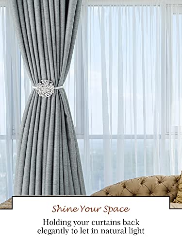 Shinowa 2-Pack Magnetic Curtain Tiebacks, Crystal Window Curtain Decorative Clips, No Drilling Drapery Holdbacks Flower Curtain Holder for Home Office Room Decor, 5 Petals, Silver