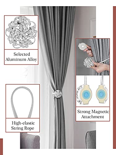 Shinowa 2-Pack Magnetic Curtain Tiebacks, Crystal Window Curtain Decorative Clips, No Drilling Drapery Holdbacks Flower Curtain Holder for Home Office Room Decor, 5 Petals, Silver