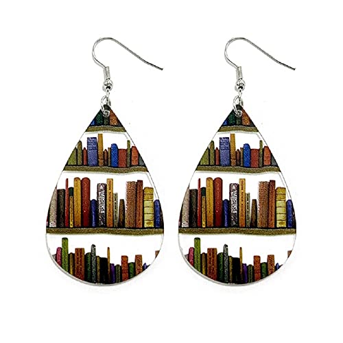 Book Earrings for Women Classic Resin Stack of Books Shelves Teardrop Drop Earrings Cute Cat Dog Butterfly Moon Rabbit Bookcase Wooden Dangle Earrings for Teacher Book Lovers -Style 1