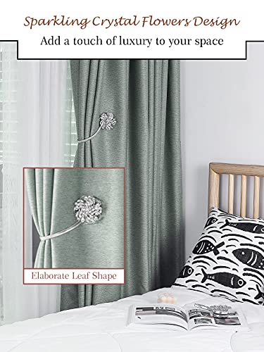 Shinowa 2-Pack Magnetic Curtain Tiebacks, Crystal Window Curtain Decorative Clips, No Drilling Drapery Holdbacks Flower Curtain Holder for Home Office Room Decor, 5 Petals, Silver