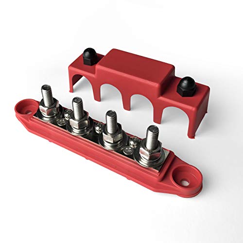 MGI SpeedWare 4-Post Power Distribution Block Busbar 5/16" Studs with Cover, 250 AMP Rating for Automotive, Marine, and Solar Wiring (Red)