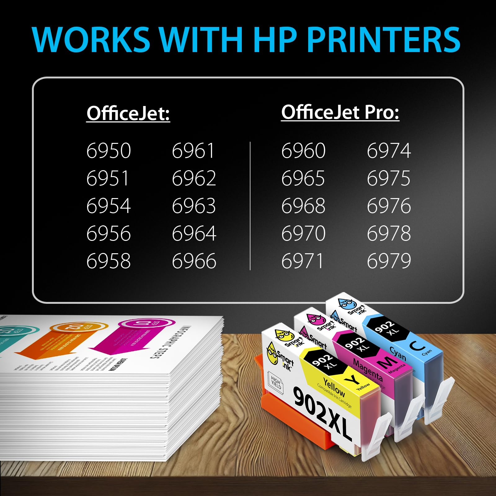 Smart Ink Compatible Ink Cartridge Replacement for HP 902 XL 902XL (C/M/Y Combo Pack) Advanced Chip Technology to use with Officejet Pro 6978 6968 6974 6975 6960 Officejet 6951 6954 6956 6958 Printers