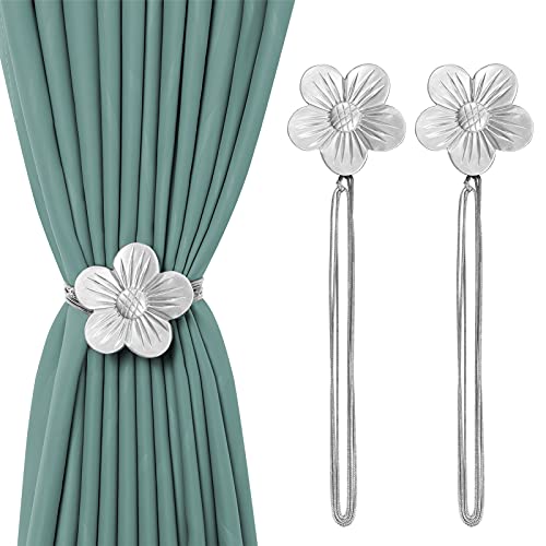2 Pack Magnetic Curtain Tieback, KENOBEE Resin Flower Curtain Draperies Holdback, Vintage Window Drapery Decorative Buckle Holder with Rope for Home Office Balcony, Plum Blossom Silver
