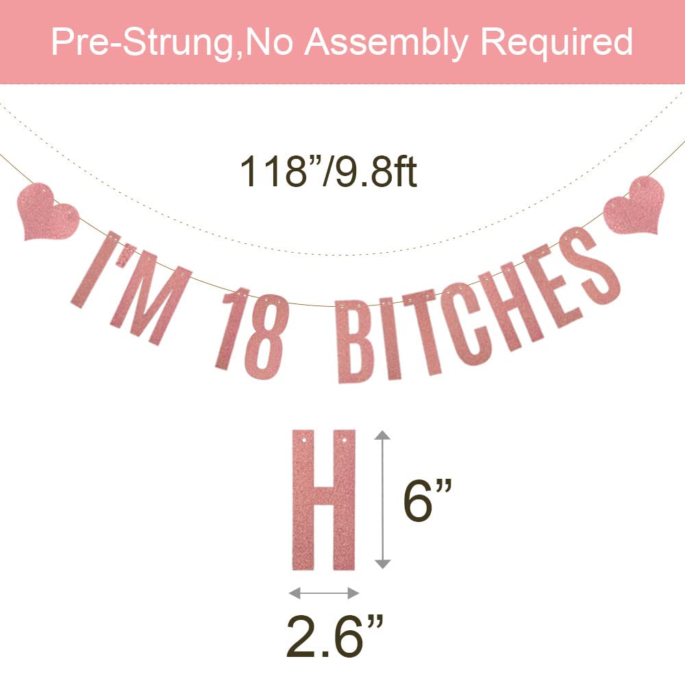I'M 18 BITCHES Banner,Pre-strung, No Assembly Required, 18th Birthday Party Decorations ,Rose Gold Glitter Paper Garlands Backdrops, Letters Rose Gold Betteryanzi