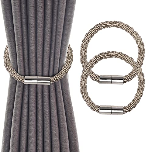 Groleca 2 Pack Strong Magnetic Curtain Tiebacks Curtain Holdbacks Curtain Pull Backs Curtain Ties Curtain Tie Backs with Thicker Twist Rope & Upgrade Strong Magnetic Tiebacks for Curtains (Camel, 2)