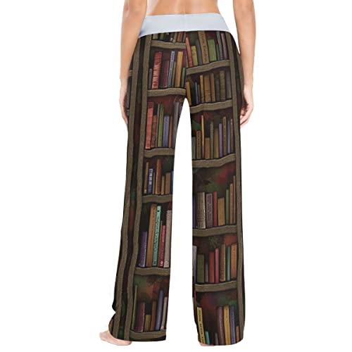Aeoiba Women's Pajamas Comfy Pajama Lounge Pants Vintage Library Bookshelf Bookcase Book Drawstring Wide Leg Palazzo Pants, Large
