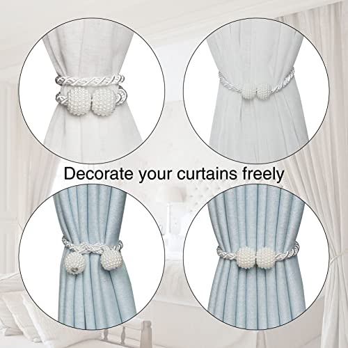 Nieffeiy Magnetic Curtain Tiebacks Convenient Curtains Drape Ties Backs Weave Rope Curtain Holdbacks for Outdoor Window Draperies (Silver, 4)