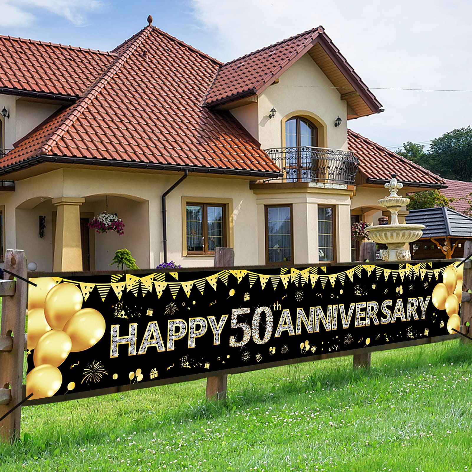 50th Anniversary Banner Decorations, Gold 50 Wedding Anniversary Party Banner Sign Supplies, Happy 50th Anniversary Party Decor Photo Booth Props for Outdoor Indoor(9.8x1.6ft)
