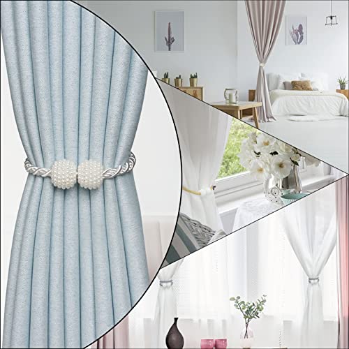 Nieffeiy Magnetic Curtain Tiebacks Convenient Curtains Drape Ties Backs Weave Rope Curtain Holdbacks for Outdoor Window Draperies (Silver, 4)