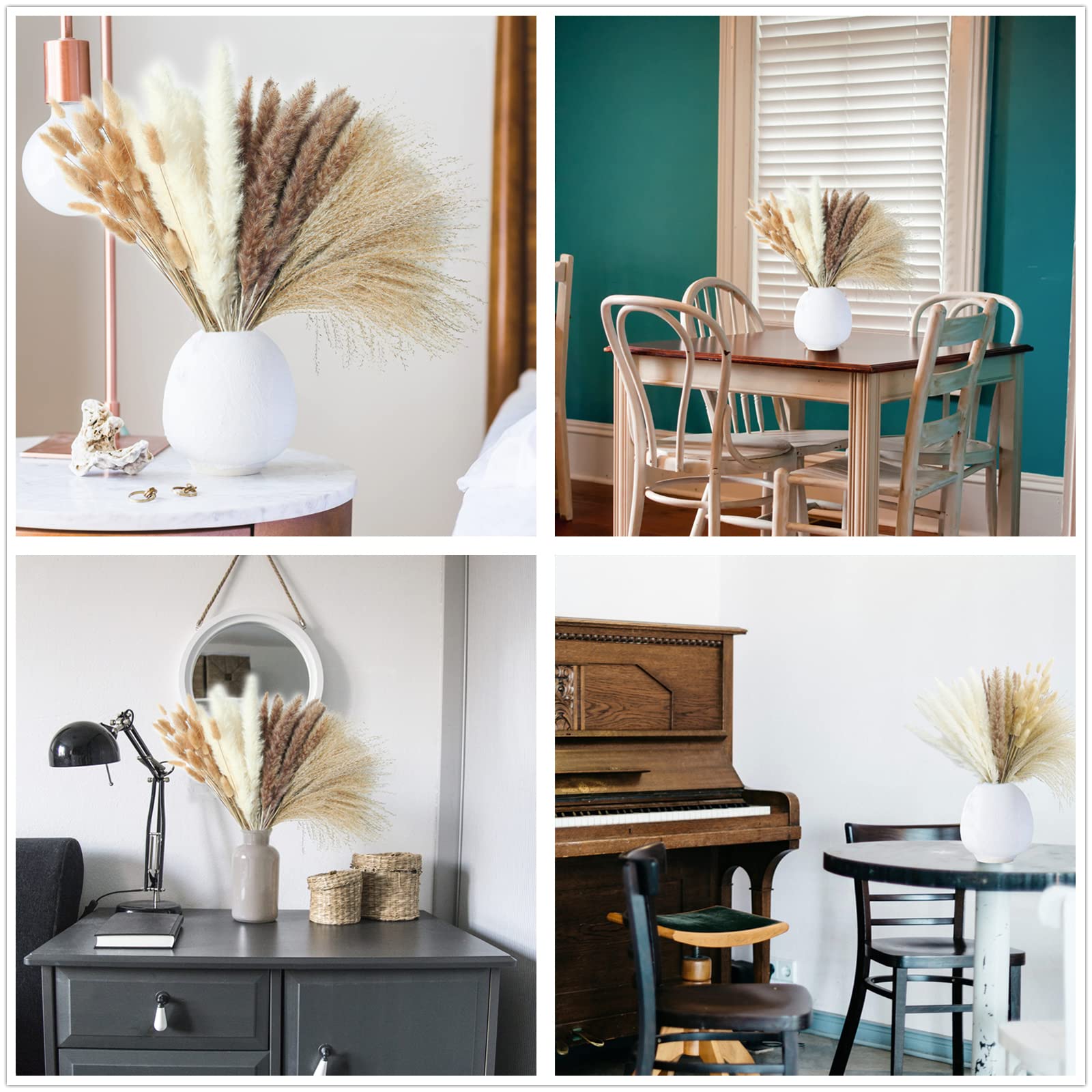 Dried Pampas Grass Decor, 100 PCS Pampas Grass Contains Bunny Tails Dried Flowers, Reed Grass Bouquet for Wedding Boho Flowers Home Table Decor, Rustic Farmhouse Party (White and Brown)