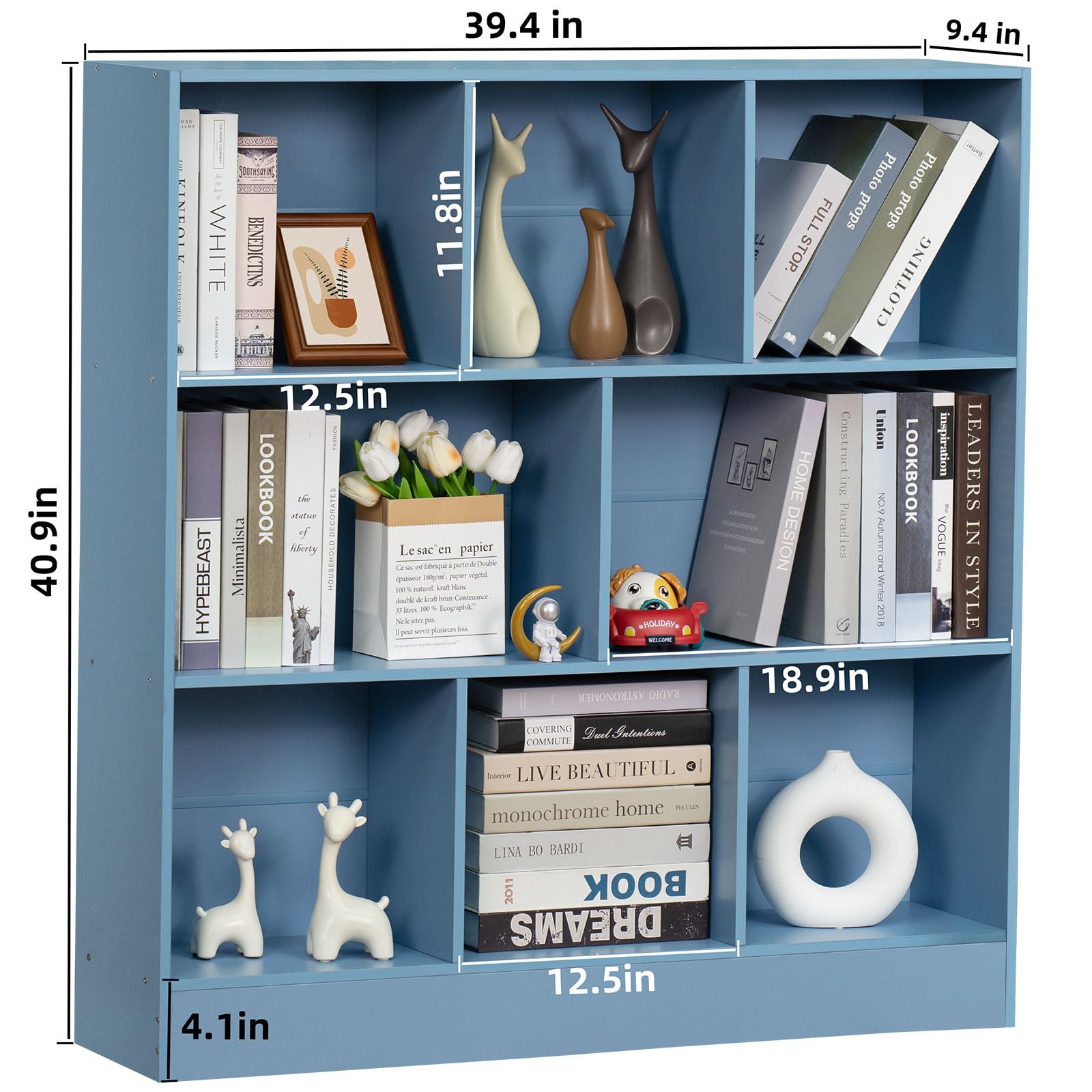 YAHARBO 3 Tier Bookshelf,Wide Kids Horizontal Bookcase,8 Cube Blue Book Shelf,Large Display Toy Storage Cabinet with Base,Floor Standing Modern Bookcases Organizer for Bedroom,Nursery,Playroom