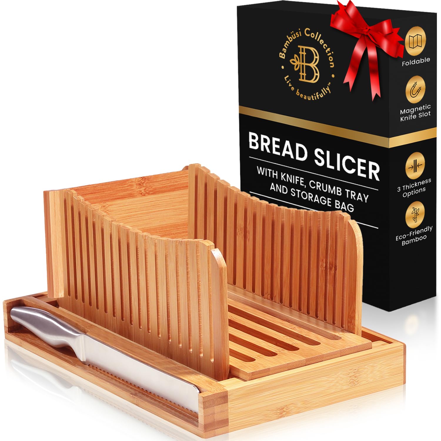 Luxury Bamboo Bread Slicer with Knife - 3 Slice Thickness, Foldable Compact Cutting Guide with Crumb Tray, Stainless Steel Bread Knife for Homemade Bread, Cake, Bagels 5.5” Wide x 5” Tall