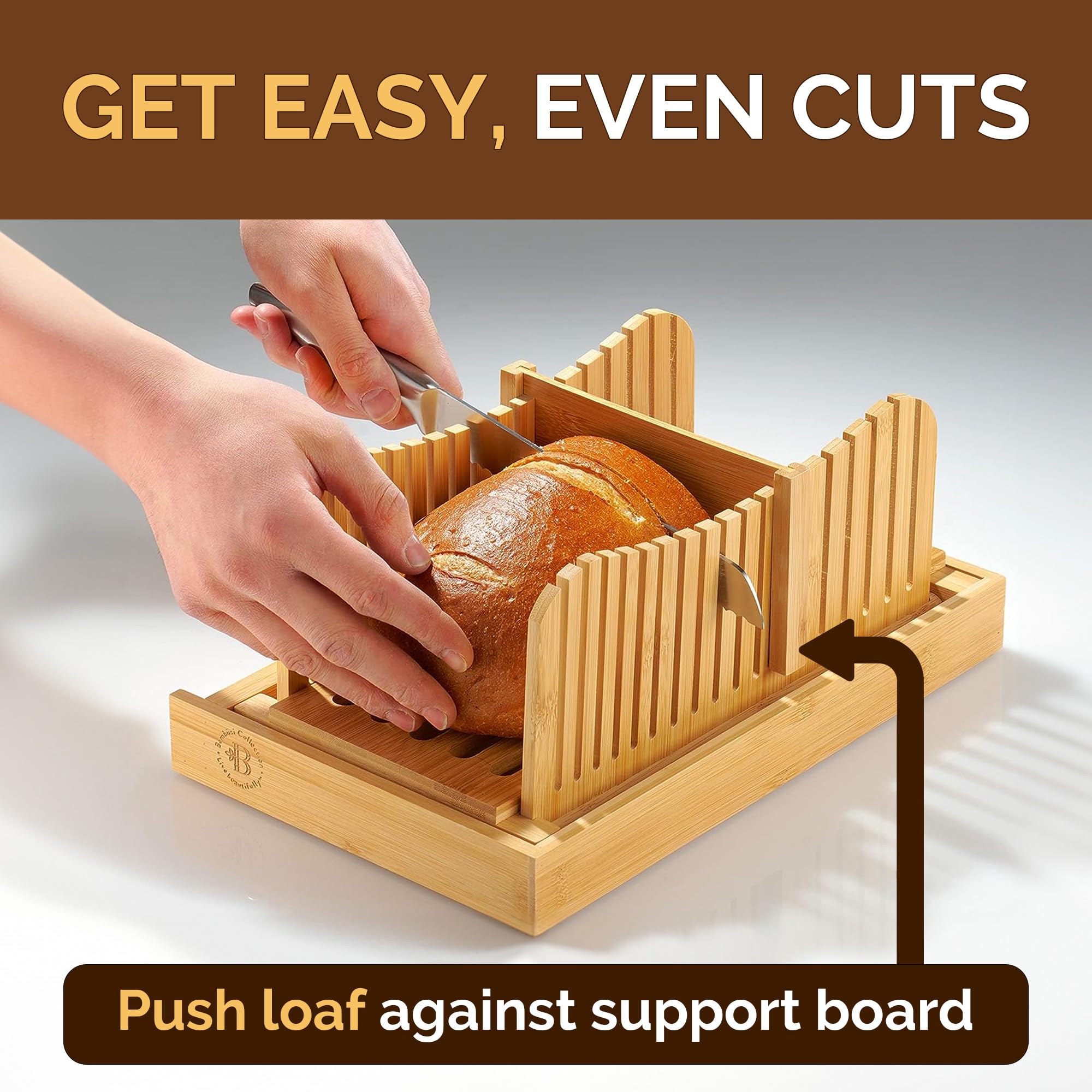 Luxury Bamboo Bread Slicer with Knife - 3 Slice Thickness, Foldable Compact Cutting Guide with Crumb Tray, Stainless Steel Bread Knife for Homemade Bread, Cake, Bagels 5.5” Wide x 5” Tall