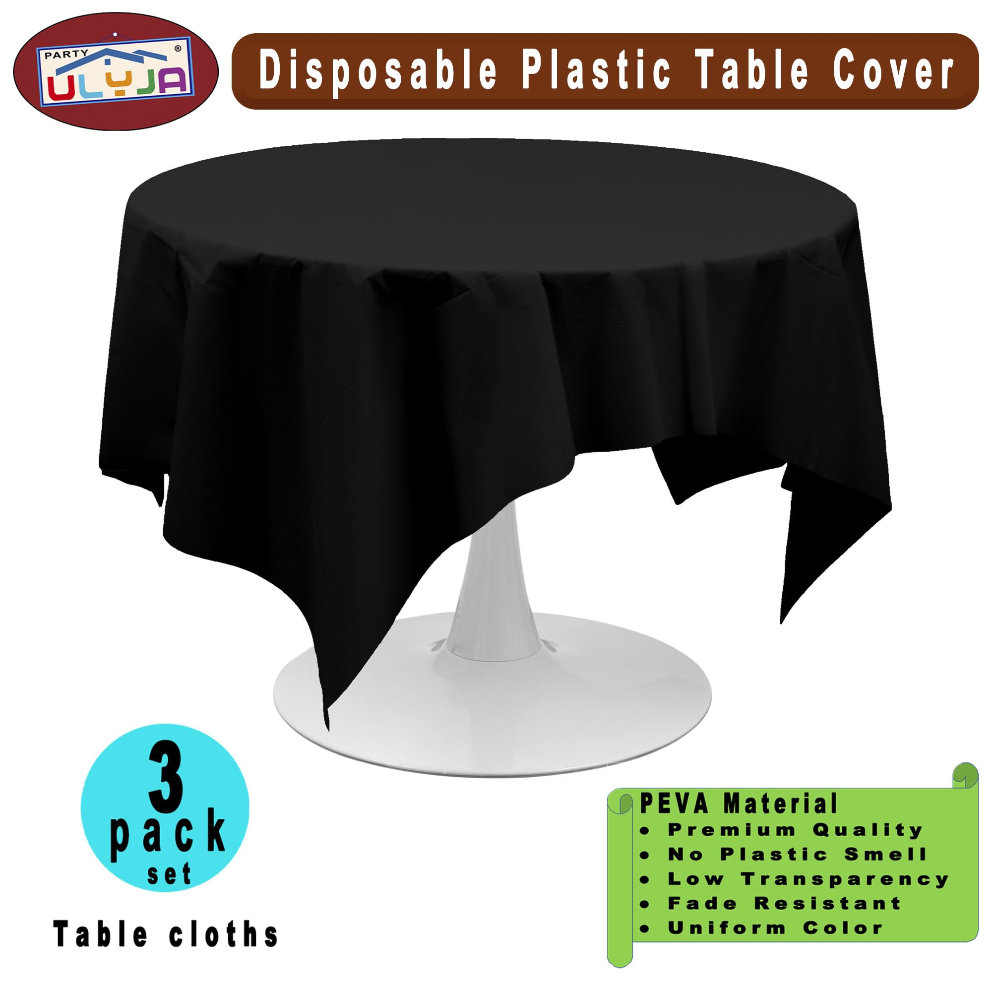 Black Plastic Tablecloths 3 Pack Disposable Table Covers 84 Inch Circle Shower Party Tablecovers PEVA Vinyl Table Cloths for Round Tables up to 6 ft and Picnic BBQ Birthday Wedding Catering Banquet