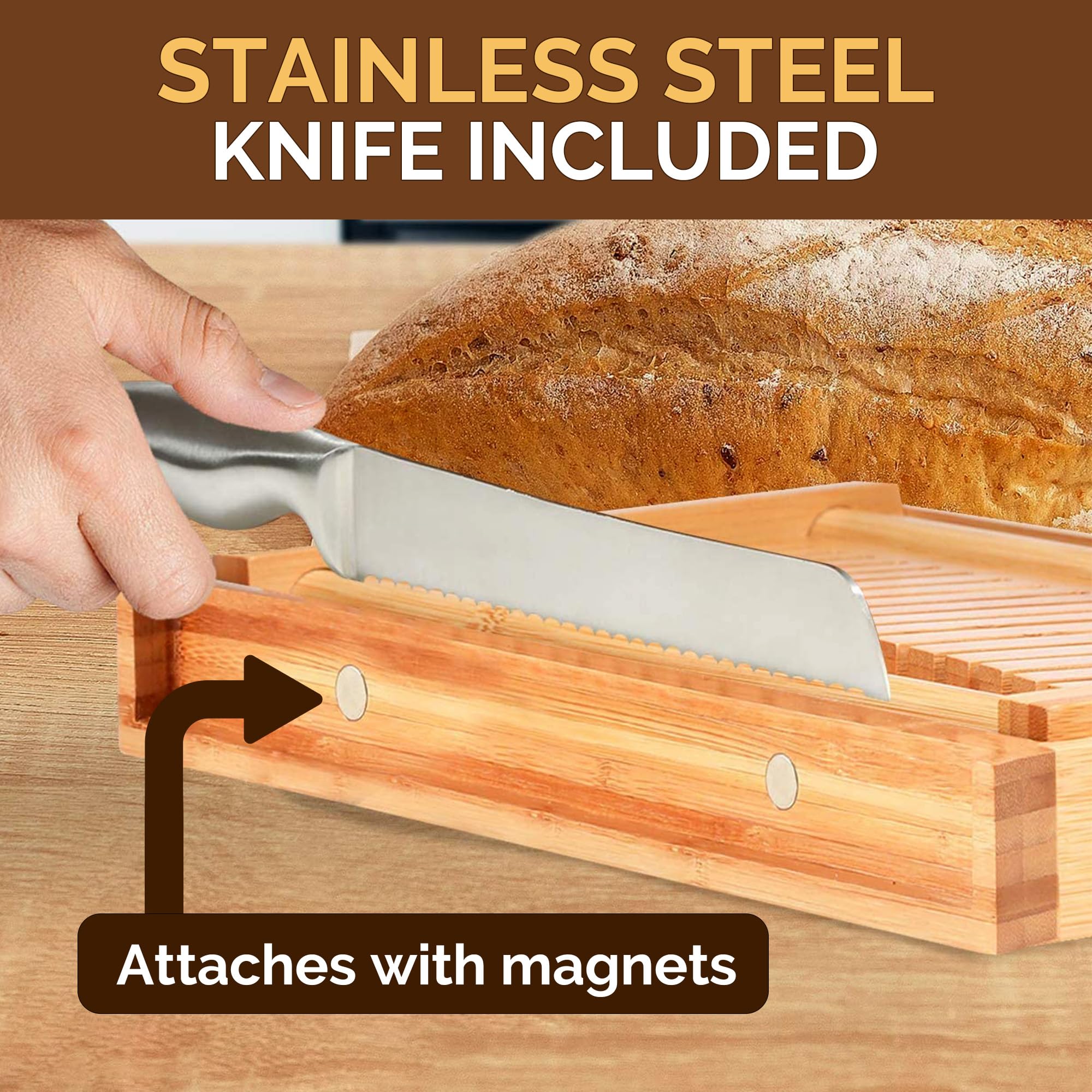 Luxury Bamboo Bread Slicer with Knife - 3 Slice Thickness, Foldable Compact Cutting Guide with Crumb Tray, Stainless Steel Bread Knife for Homemade Bread, Cake, Bagels 5.5” Wide x 5” Tall