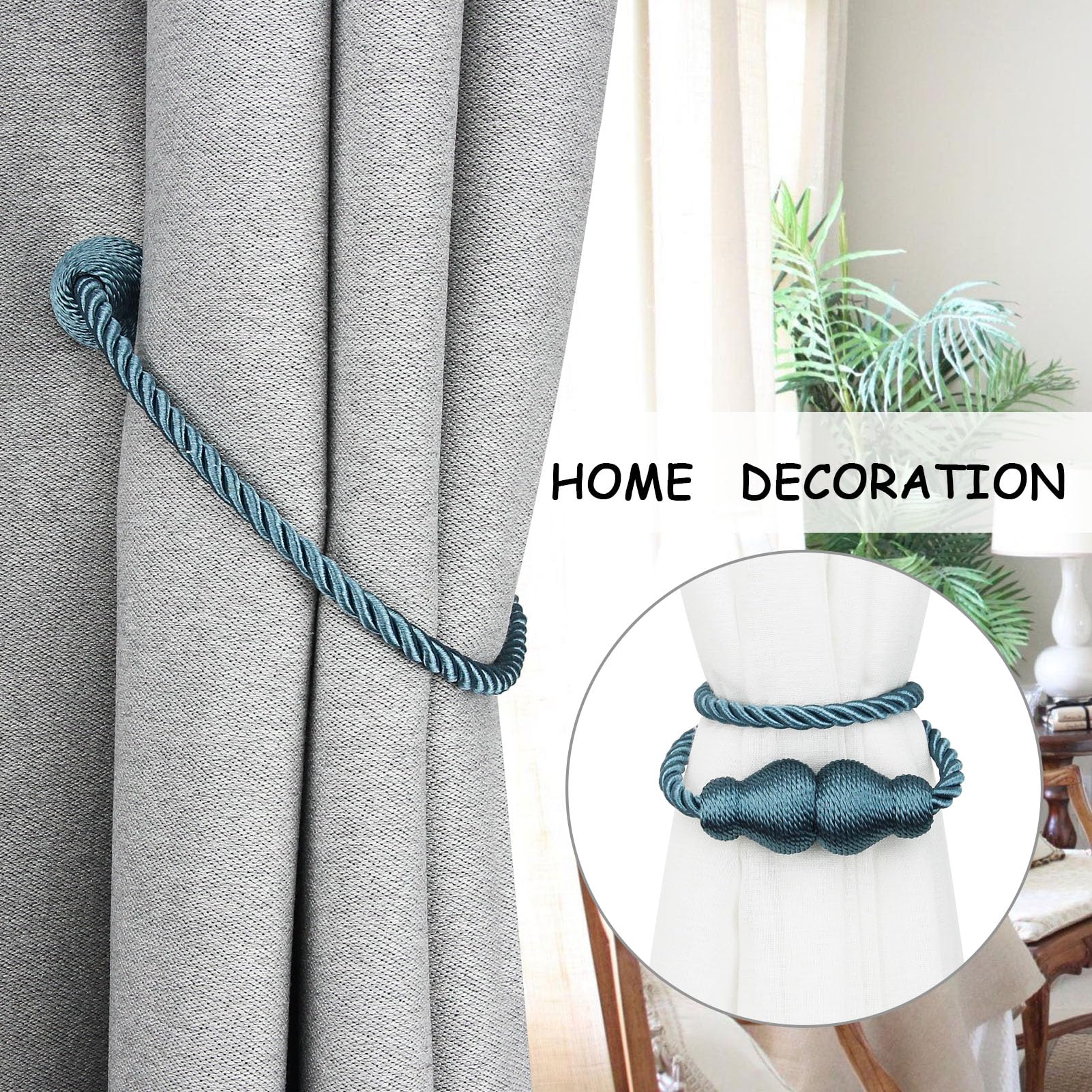 Nieffeiy Magnetic Curtain Tiebacks 2Pack Outdoor Curtain Tie Backs Rope Decorative Magnetic Curtain Holders for Drapes Window Treatment Holdbacks, Blue